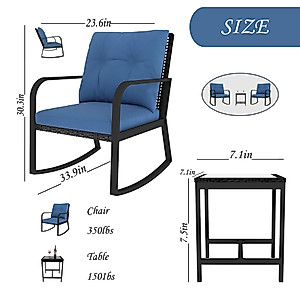 wallowsun 3 Pieces Outdoor Rocking Bistro Set,Patio Conversation Set w Thick Cushions and Glass-Top Table for Poolside Patio Garden(Blue)