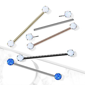 Pierced Owl 14G Stainless Steel Threadless Push-in Prong Synthetic Opal Industrial Barbell (Silver Tone/White Opal)