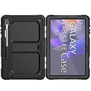 SaharaCase - Defense Series Case Cover for Samsung Galaxy Tab S7 FE (2021) and Tab S8 Plus (2022) [Shockproof Bumper] Rugged Full Screen Protection Integrated Kickstand Antislip Cover - Black
