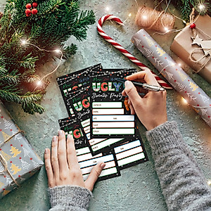 Fbitey Christmas Party Invitations, 25 Ugly Sweater Xmas Invites with Envelops for Christmas New Year Birthday Bridal Baby Shower, Festival Winter Decor Favor-B04