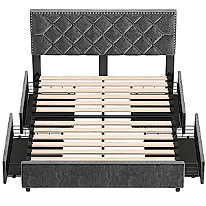 LIKIMIO Queen Bed Frame with 4 Storage Drawers, Velvet Upholstered Headboard with Button Tufted & Rivets, Easy Assembly, No Box Spring Needed (Grey, Queen)