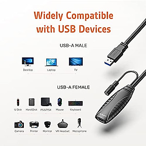 Alxum USB 3.0 Extension Cable 50FT, Active USB Extension Cable Male to Female Long 15Meter, USB 3.0 Extender Cord with 2 Signal Boosters for Printer, Webcam, Xbox, Keyboard, with 5V2A Power Adapter