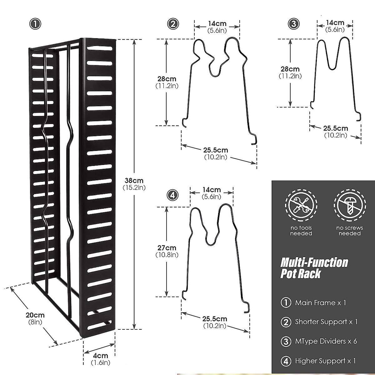 Gadhra Pots and Pans Organizer for Cabinet, 8 Tier Pot Rack with 3 DIY Methods, Adjustable Pot Lid Holders & Pan Rack, Pot Organizer for Kitchen Organization & Storage, Cabinet Organizer
