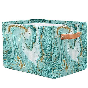 Turquoise Marble Texture Storage Baskets Bin, Teal Marble Collapsible Canvas Fabric Storage Bin Decorative Baskets Toy Organizer Rectangle Storage Boxes with Handles for Home Shelves Nursery,1Pack