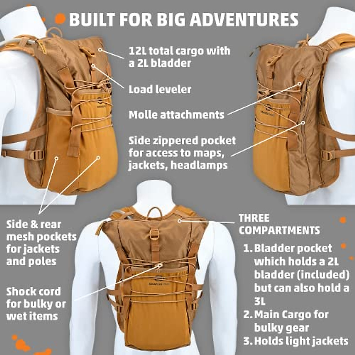 M Orange Mud Adventure Pack 12L, Coyote Brown 3.0, with TPH