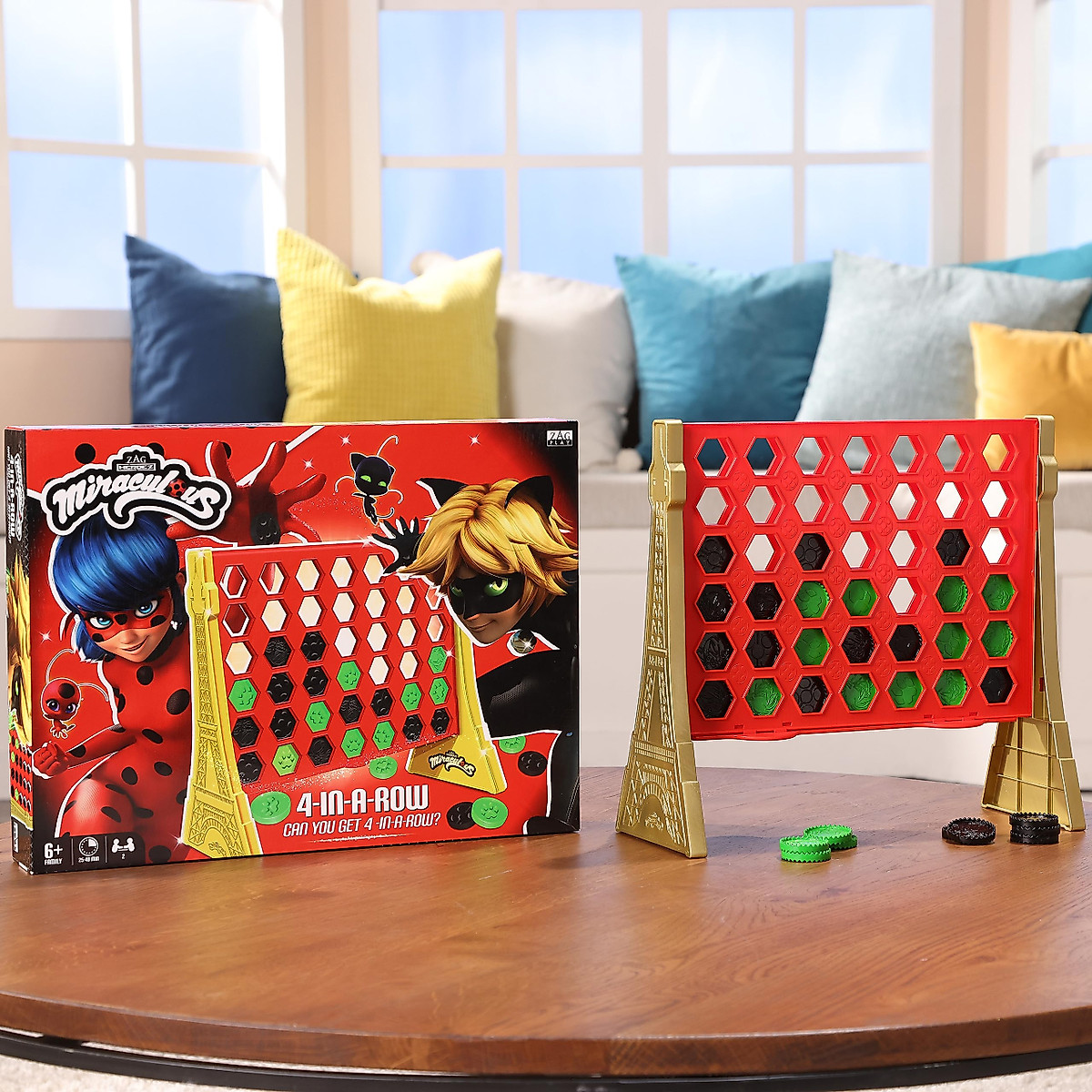 Miraculous Ladybug - GET 4, Paris Grid with Connect Ladybug and Cat Noir Tokens, 4 in a Row Game, Strategy Board Games for Kids, 2 players, Toys for Kids for Ages 6 and Up (Wyncor)
