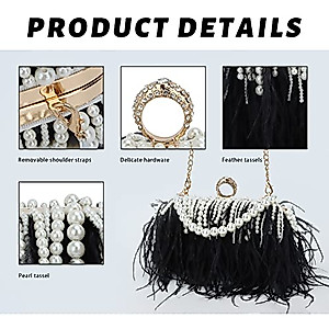 Ynport Women Ostrich Feather Evening Handbag Black Fluffy Clutch Purse Fuzzy Handbag Shoulder Bag with Pearl Chain