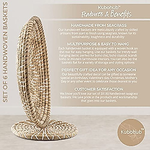 Kubohub Wall Basket Decor Boho Set of 6 - Handcrafted Seagrass Hanging Woven Wall Baskets for Coastal, Farmhouse, Boho Wall Decor - Unique Wicker Wall Art Decor