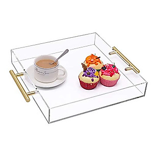 12x12 Clear Acrylic Serving Tray with Gold Handle, Clear Square Plastic Serving Tray Food Serving Tray for Breakfast Coffee Bread Kitchen Home Decor(12x12 inches)