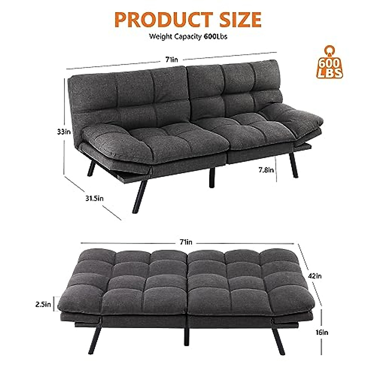 Sweetcrispy Futon Couch for Living Room Sofas, Dark Grey