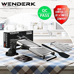 WENDERK Adjustable Stainless Steel Mandoline Food Slicer with Cut Resistant Gloves [Upgraded] - Professional Handheld Kitchen Mandolin Julienne Cutter to Slice Vegetables Fruits Chips French Fry