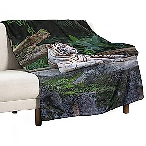 White Tiger Rest in Forest Throw Blanket for Couch Bed Flannel Lap Blanket Lightweight Cozy Plush Blanket for All Seasons 50"x70"