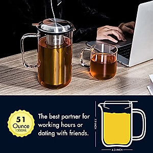 Aquach Glass Teapot Pitcher with Removable Infuser for Loose and Blooming Tea 51oz/1500ml, Dishwasher&Stovetop Safe Tea Maker Kettle Set with Stainless Steel Lid