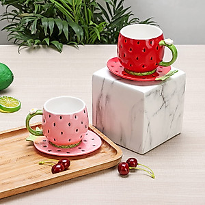 Noviko Ceramic Tea Cup and Saucer Coffee Mug Strawberry Coffee Cup with Saucer - 8 Ounce (Red)