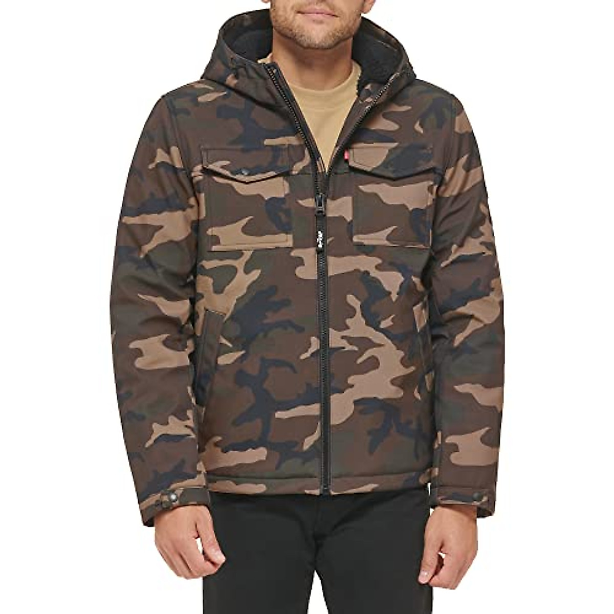 Levi's Men's Soft Shell Hooded Storm Trucker Jacket, Camo/Sherpa Lined, Large