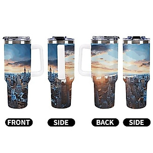LLUTSNTH 40 Oz Vacuum Tumbler with White Handle Leakproof Insulated Tumbler New York City Skyline Stainless Steel Travel Mug with Lid And Straw Coffee Cup Cute Water Bottles Cup Holder Friendly