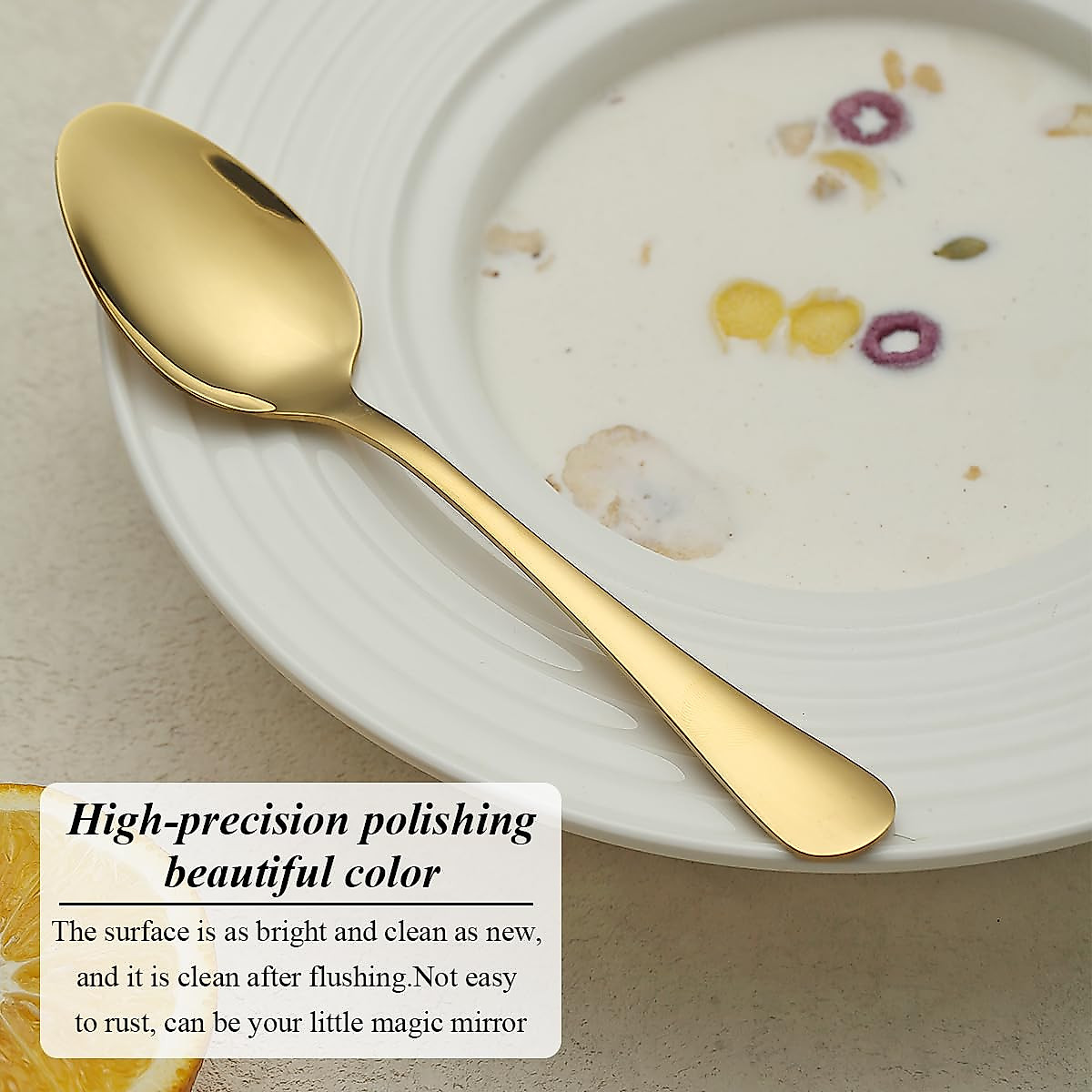 ReaNea Gold Dinner Spoons 12 Pieces, Stainless Steel Titanium Gold Plating Table Spoon, Soup Spoons, Use for Home, Restaurant, Wedding, Parties, Events, Christmax