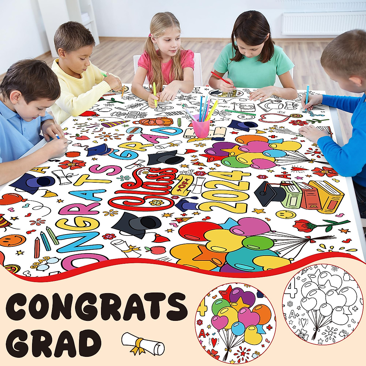 OHOME Graduation Giant Coloring Poster/Tablecloth - Kindergarten Graduation Gifts - 30 x 72 Inches Jumbo Coloring Banner Kids Crafts Games,Kindergarten Graduation Decorations for 5th Grade Preschool