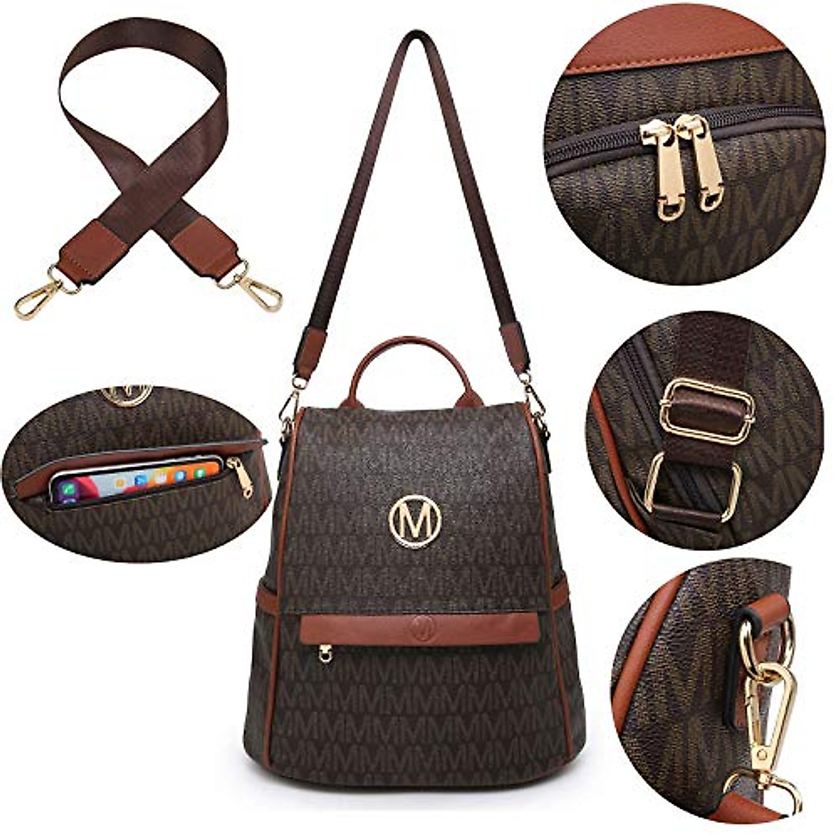 MKP Women Fashion Medium Anti-theft Backpack Purse (Coffee and Blue)