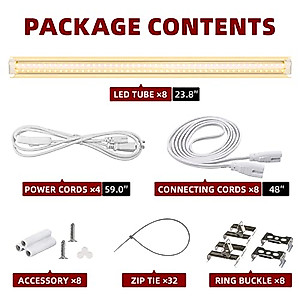 Kihung (Pack of 8) LED 2FT T8 , 192W(8×24W) Full Spectrum Light Strips with Reflectors, High PPFD Value Grow Lights for Indoor Plants