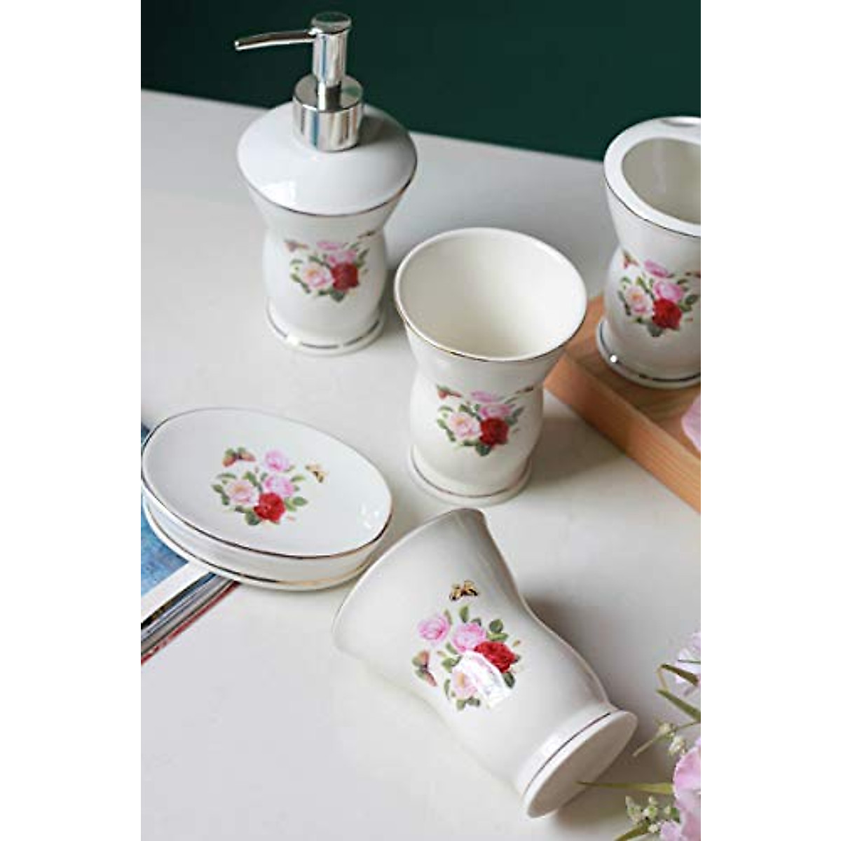 JruF Round Pink and White Set of 5 Bathroom Accessories Set-Pink Flowers Porcelain Pattern Modern Dressing Accessories Set Including Tumbler, Toothbrush Holder and Lotion Bottle, Soap Dish