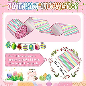40 Yards Spring Pastel Ribbon Easter Horizontal Stripe Wired Pink Ribbons for Gift Wrapping DIY Craft Easter Home Farmhouse Tree Decoration (2.5 Inch in Width)