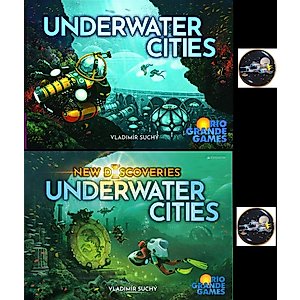 Underwater Cities Board Game Bundle of Base Game Plus New Discoveries Expansion Plus Two Starship Buttons