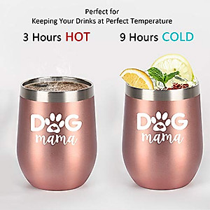 Dog Mom Gifts, Dog Mama Wine Tumbler with Lid, Dog Lover Gifts for Women, Dog Mom, Dog Owner, Friends, Funny Christmas Birthday Mothers Day Gifts, 12 Oz Insulated Stainless Steel Tumbler, Rose Gold