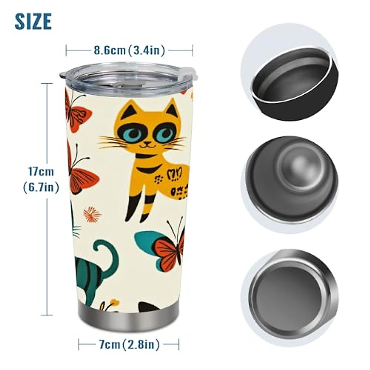 QWEUIOP 20oz Insulated Travel Coffee Mug Cute Cartoon Cats Stainless Steel Tumbler with Lid Double Wall Vacuum Coffee Cup For Hot and Cold Drinks14079