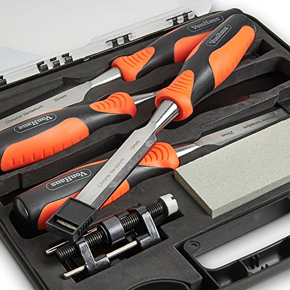 VonHaus 6 pc Premuim Chisel Set for Woodworking with Honing Guide, Sharpening Stone and Storage Case