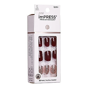 KISS imPRESS No Glue Mani Press On Nails, Design, 'No Other', Red, Short Size, Squoval Shape, Includes 30 Nails, Prep Pad, Instructions Sheet, 1 Manicure Stick, 1 Mini File
