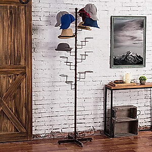MyGift Modern Large Freestanding Hat Rack Stand, Dark Brown Metal Retail Wig or Hat Display Stand with 20 Customizable Circular Hooks