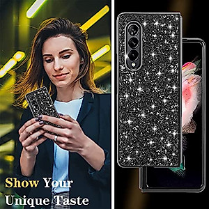 Z Fold 3 Glitter Case for Samsung Galaxy Z Fold3 5G Phone Case for Women Girls, Slim Ultra Thin Matte Back Shockproof Protective Cover for Samsung Z Fold 3 5G, 7.6" Crystal Bling Case (Black)
