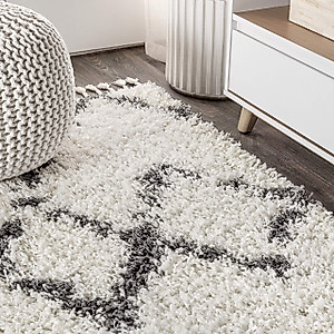 JONATHAN Y MCR102B-8 Mercer Shag Plush Tassel Moroccan Tribal Trellis Geometric Indoor Area-Rug Bohemian Contemporary Easy-Cleaning Bedroom Kitchen Living Room, 8 X 10, Cream/Grey