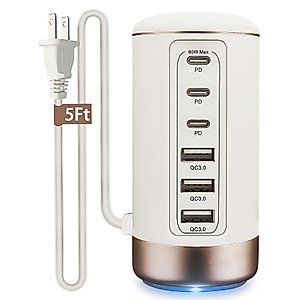 60W USB-C Charging Station for Multiple Devices, Universal 20W USB-C & 18W USB Charging Hub, Smart IC Identification Technology Charging Tower for iPhone iPad Tablets Smartphones, Home Office Use
