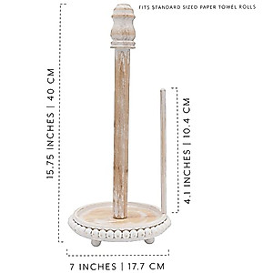 AuldHome Farmhouse Paper Towel Holder (Whitewashed); Wooden Beaded Rustic Disposable Towel Dispenser for Countertop