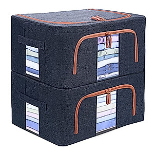 Clothes Storage Bin Boxes, 2 Pack Foldable Clothes Storage Boxes, Stackable Frame Storage Bins Boxes, Fabric Linen Clothes Storage Organzier for Clothes, Blankets, Bedrooms (15.7 x 12 x 7.9inch)