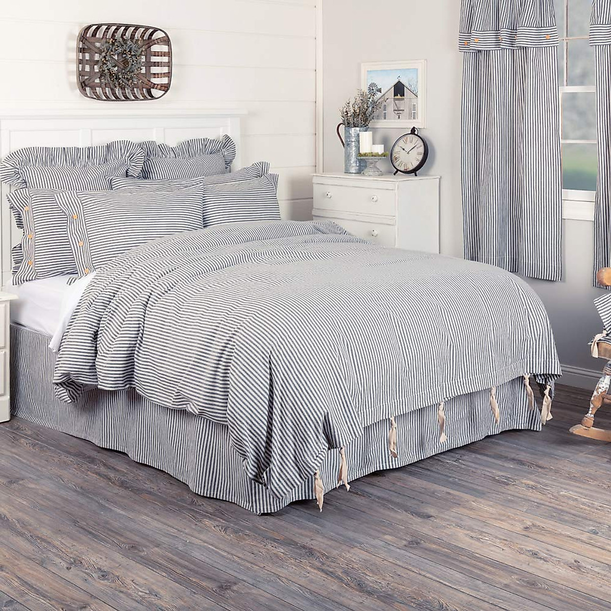 Piper Classics Farmhouse Ticking Stripe Blue Queen Duvet Cover, 100% Cotton