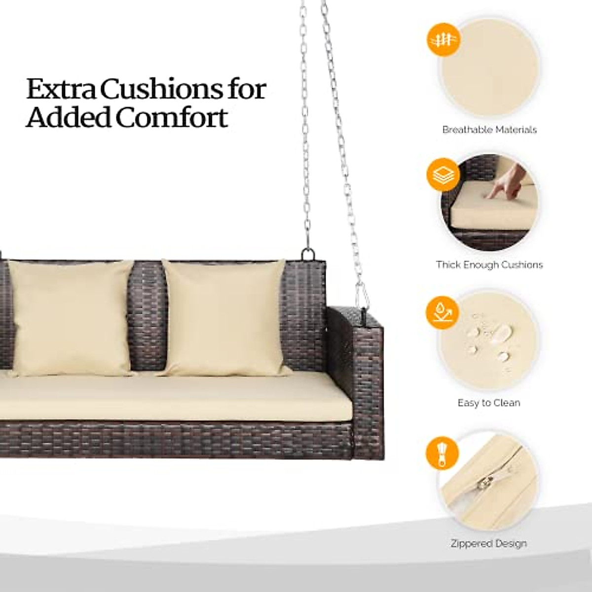 VINGLI Heavy Duty 800 LBS Wicker Hanging Porch Swing with Cushions & Chains, 4FT Outdoor Rattan Swing Bench for Garden, Yard, Lawn (Brown+Beige)