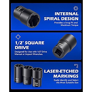 OMT Twist Socket Tool Set, 1/2" Drive 5pc Nut and Bolt Extractor Set, Rounded Bolt & Stripped Lug Nut Remover Tool Kit