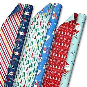 Hallmark Reversible Christmas Wrapping Paper for Kids (3 Rolls: 120 Sq. Ft. Total) Snowmen, Stripes, Trees, Skiing Santa, Zebras, Hedgehogs, Penguins