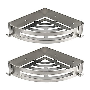 NearMoon Bathroom Corner Shelf Shower Caddy 2 Pack, No Drill, 304 Stainless Steel, with Two Hooks (Brushed Nickel)