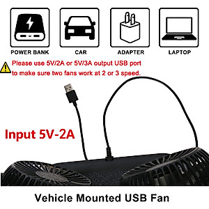 TriPole Car Fan Portable Dual Head Electric Vehicle Mounted USB 300 Degree Rotation Auto Cooling Fan 3 Speed Strong Wind Desk Fan for Dashboard SUV RV Truck Sedan Home Office