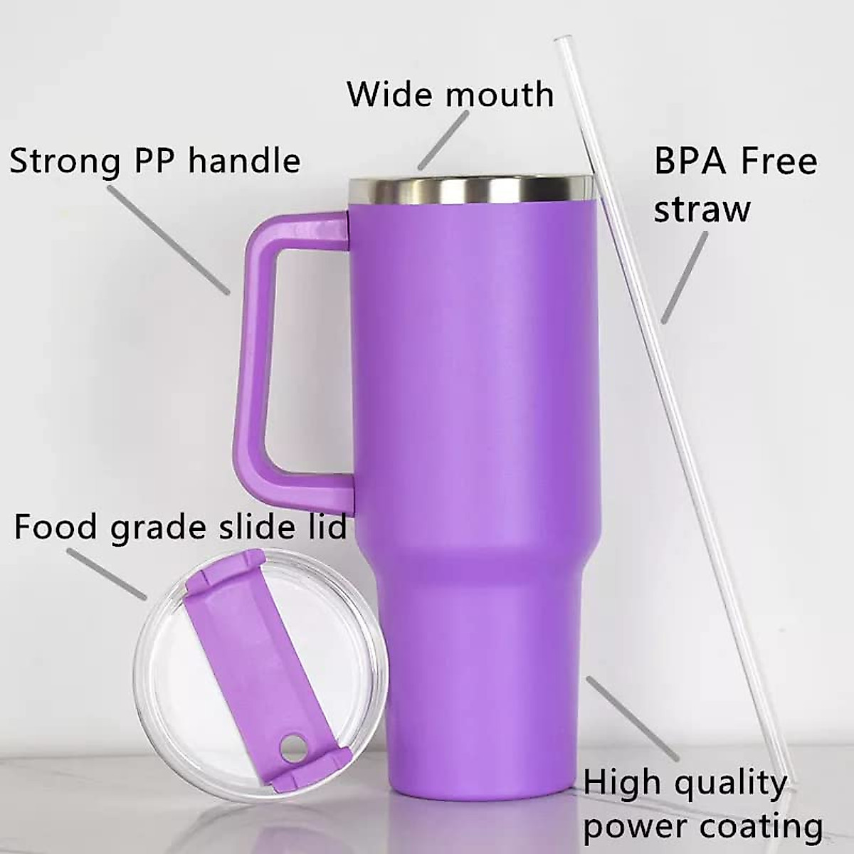 F&M vacuum-insulated stainless steel 40 Oz Tumbler With Handle And Straw-Travel mugs-reusable-portable (Purple)