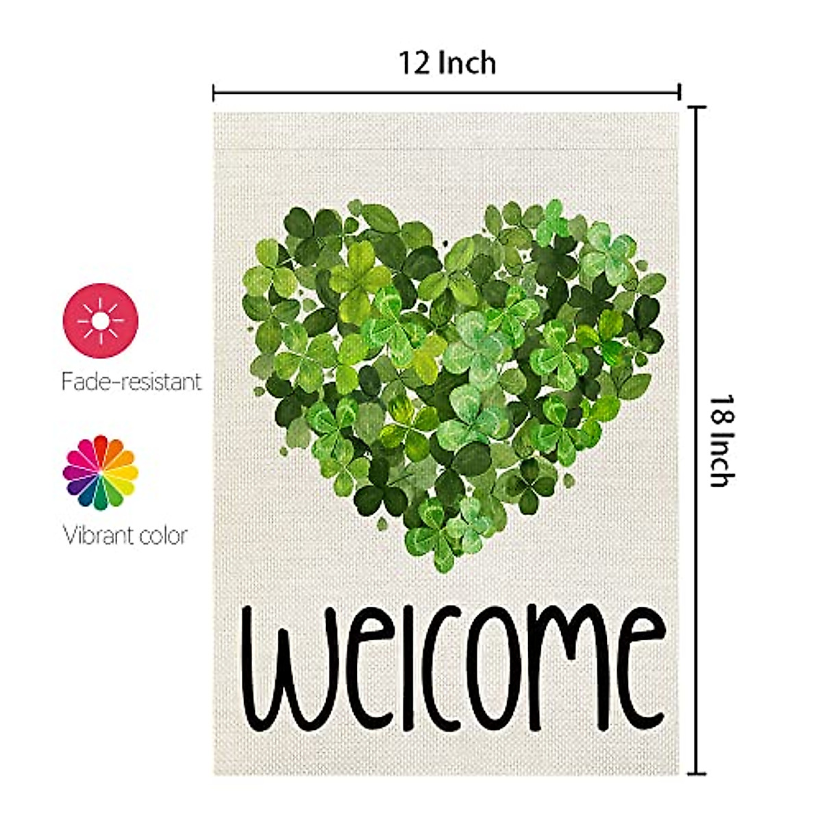 CROWNED BEAUTY St Patricks Day Garden Flag 12x18 Inch Double Sided for Outside Small Burlap Green Shamrocks Clovers Heart Welcome Yard Holiday Decoration CF735-12