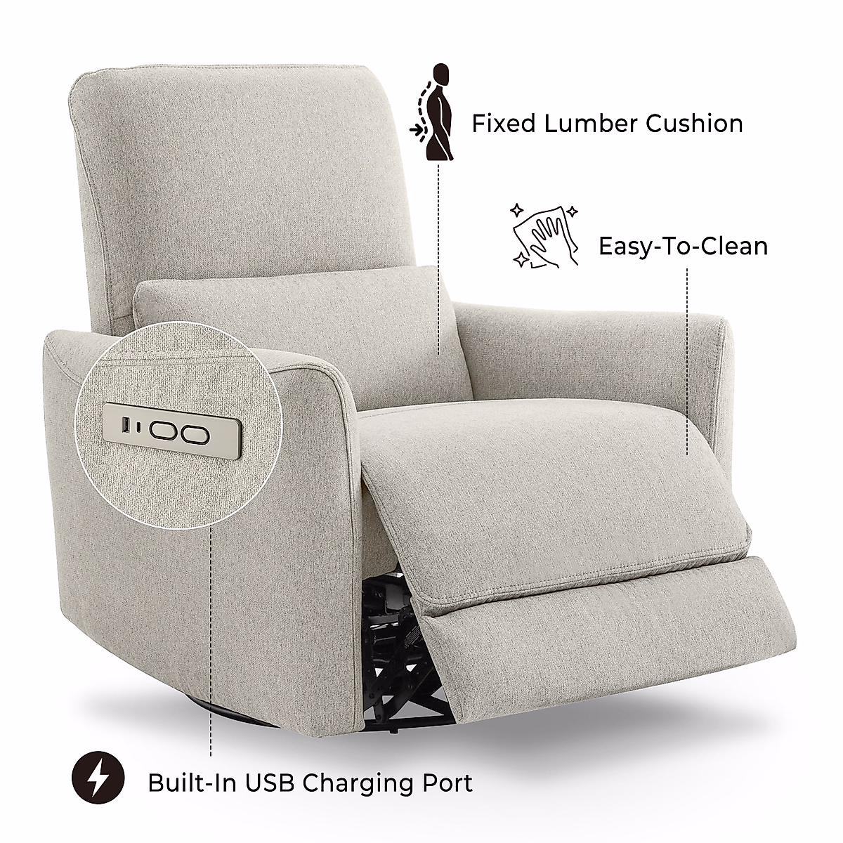 CHITA Power Recliner Chair Swivel Glider, FSC Certified Fabric Living Room Nursery Reclining Sofa Chair with Lumbar Support, Dove Grey