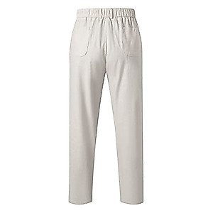 JMIERR Mens Casual Linen Pants Loose Fit Straight Legs Lightweight Elastic Waist Drawstring Trousers Summer Beach Yoga Pant Baggy US 34(M) White