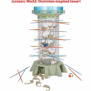 Mattel Games KerPlunk Jurassic World Dominion Kids & Family Game with Velociraptor Dinosaurs, Tower, Sticks, Die & Stickers