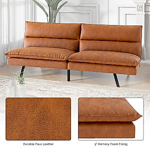 IULULU Futon Sofa Bed, 71 Inch 3-Seater Faux Leather Couch, Convertible Armless Sleeper with Adjustable Backrest for Small Space, Tan