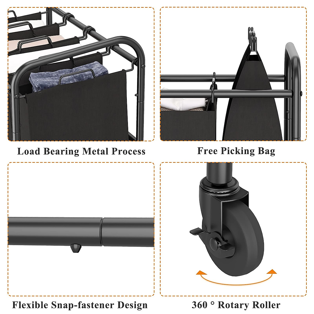 Wisdom Star 3 Bag Laundry Sorter Cart, Laundry Hamper Sorter with Heavy Duty Rolling Wheels and Removable Bags for Clothes Storage,Laundry Organizer Laundry Basket Laundry Clothes Hamper, Black